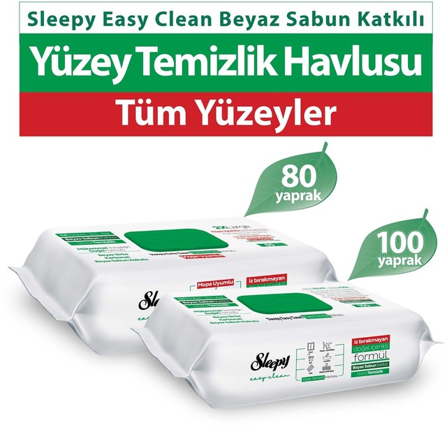 Sleepy Easy Clean Beyaz Sabun Katkılı Yüzey Temizlik Havlusu 100 Yaprak + Mopa Uyumlu 80 Yaprak ...